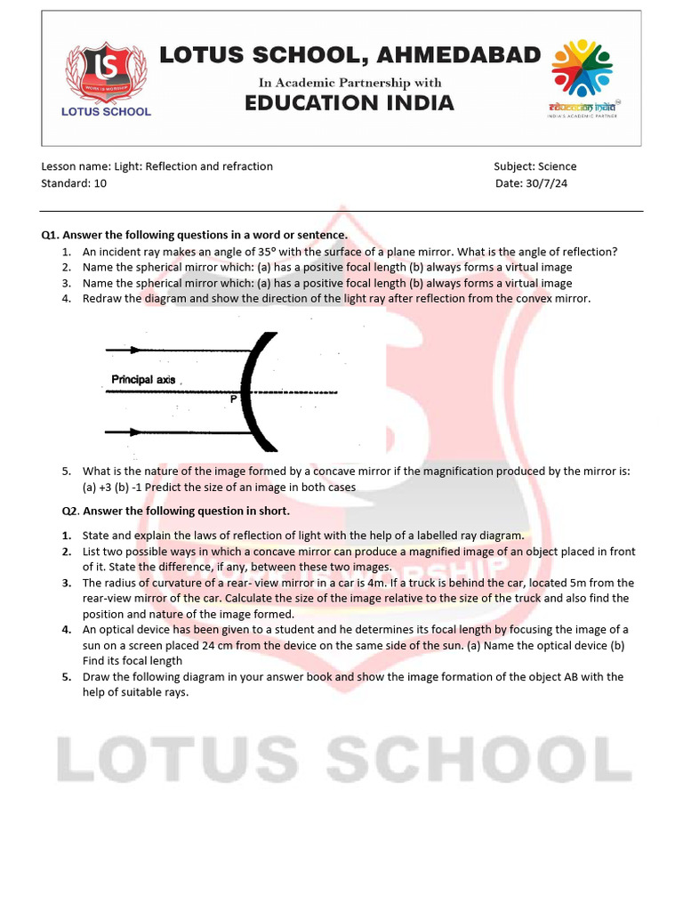 Gr10 - Science - Chap 9 - Light - Worksheet | PDF