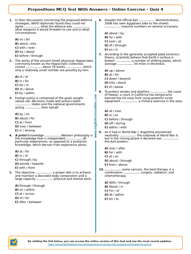 Prepositions MCQ Test with Answers | PDF | Knowledge