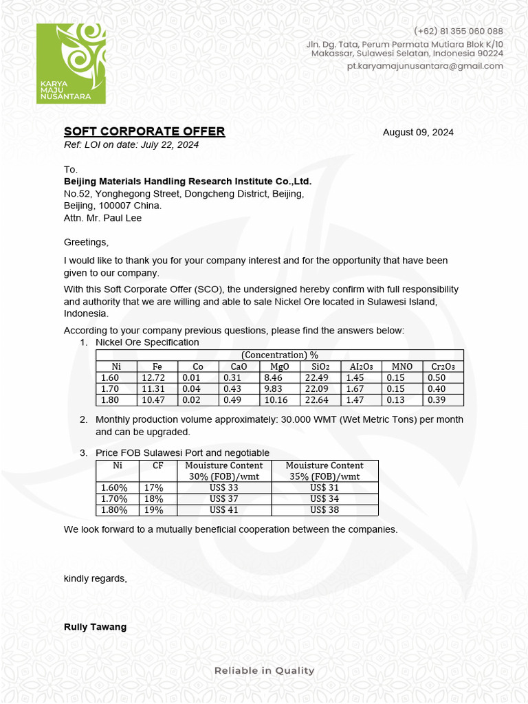 Soft Corporate Offer for Nickel Ore Sale | PDF