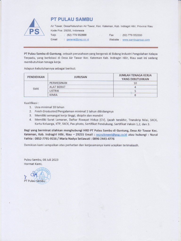 Lowongan Kerja PT Pulau Sambu Bulan Juli 2023 | PDF