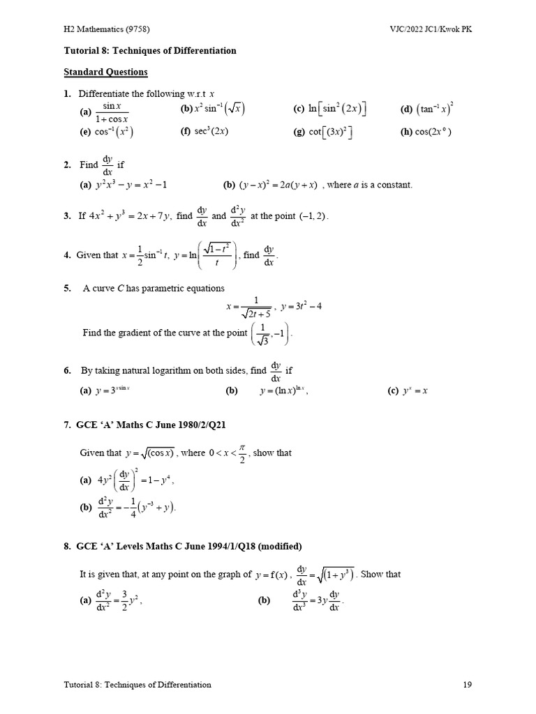 2022 8 Techniques of Differentiation Tutorial (Students) | PDF ...