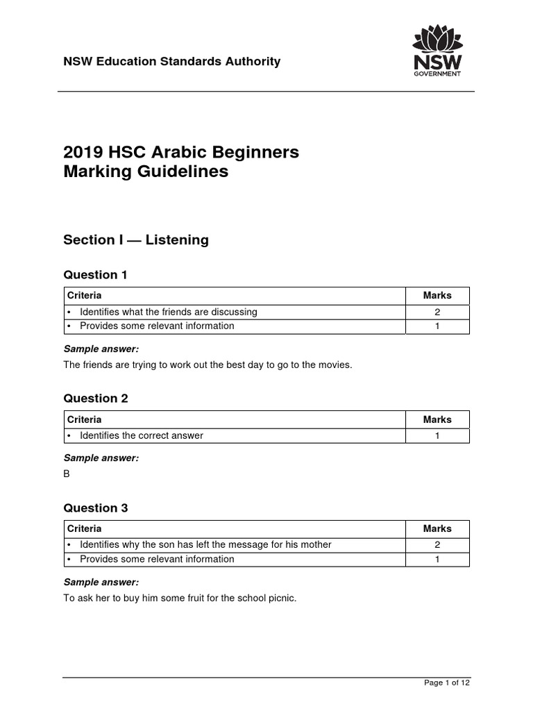 2019 HSC Arabic Beginners MG | PDF | Vocabulary | Information