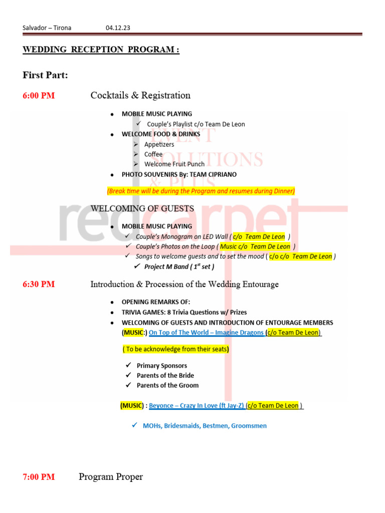Tirona Salvador Wedding Program Flow Final | PDF | Rites Of Passage ...