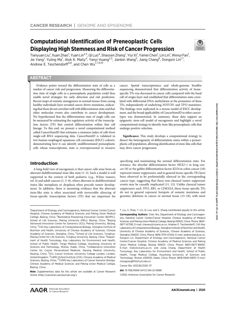 Computational Identi Fication of Preneoplastic Cells Displaying High ...