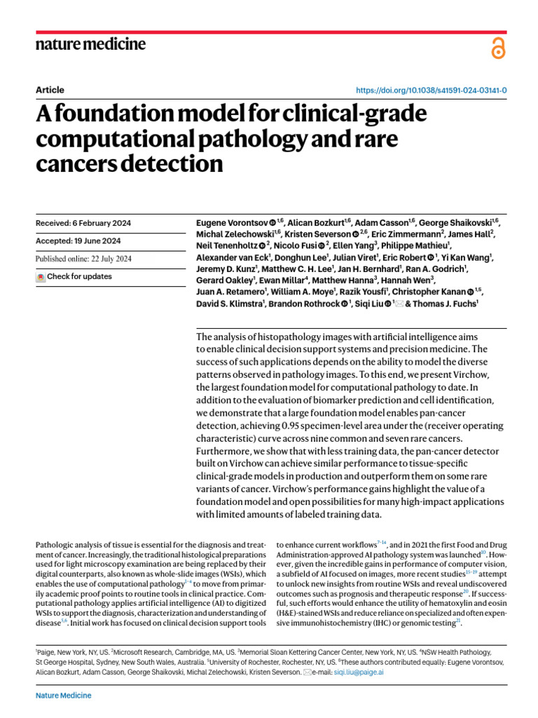 A Foundation Model For Clinical-Grade Computational Pathology and Rare Cancers Detection | PDF ...