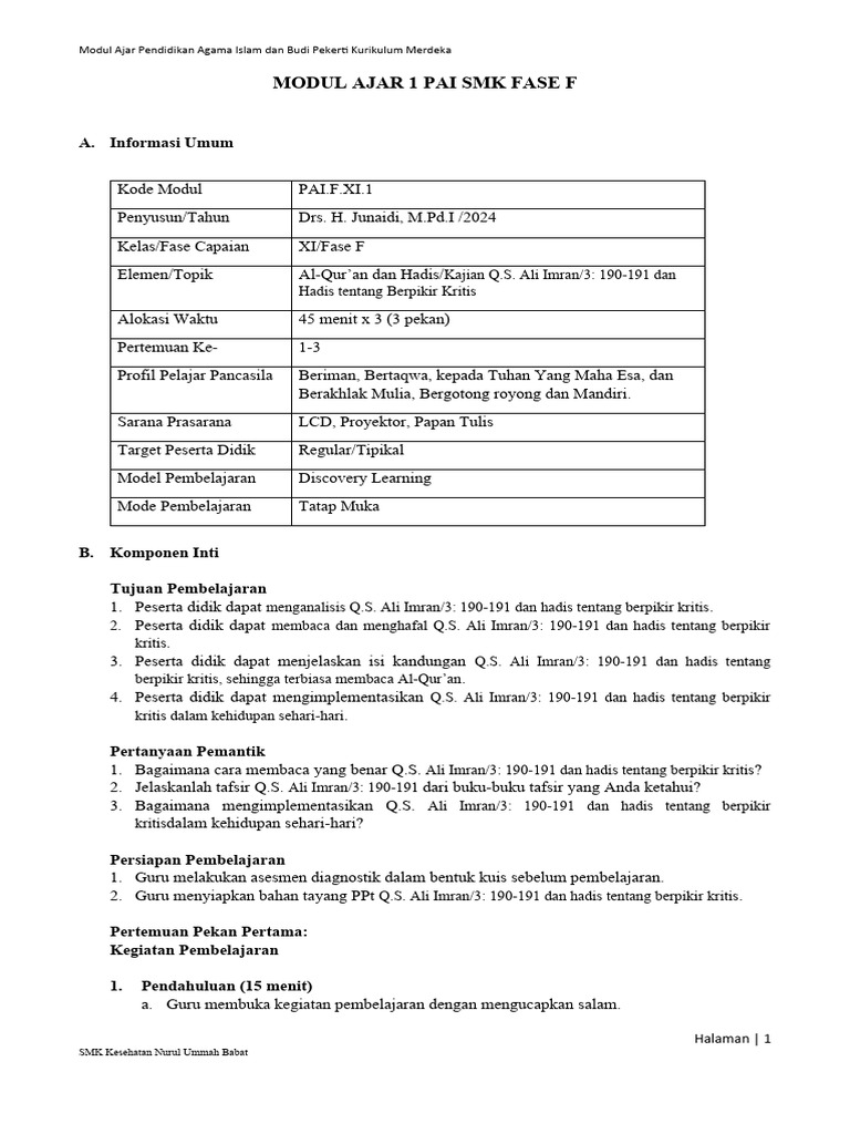Modul Ajar 1 Pai SMK Kelas Xi Bab 1 - Oke | PDF