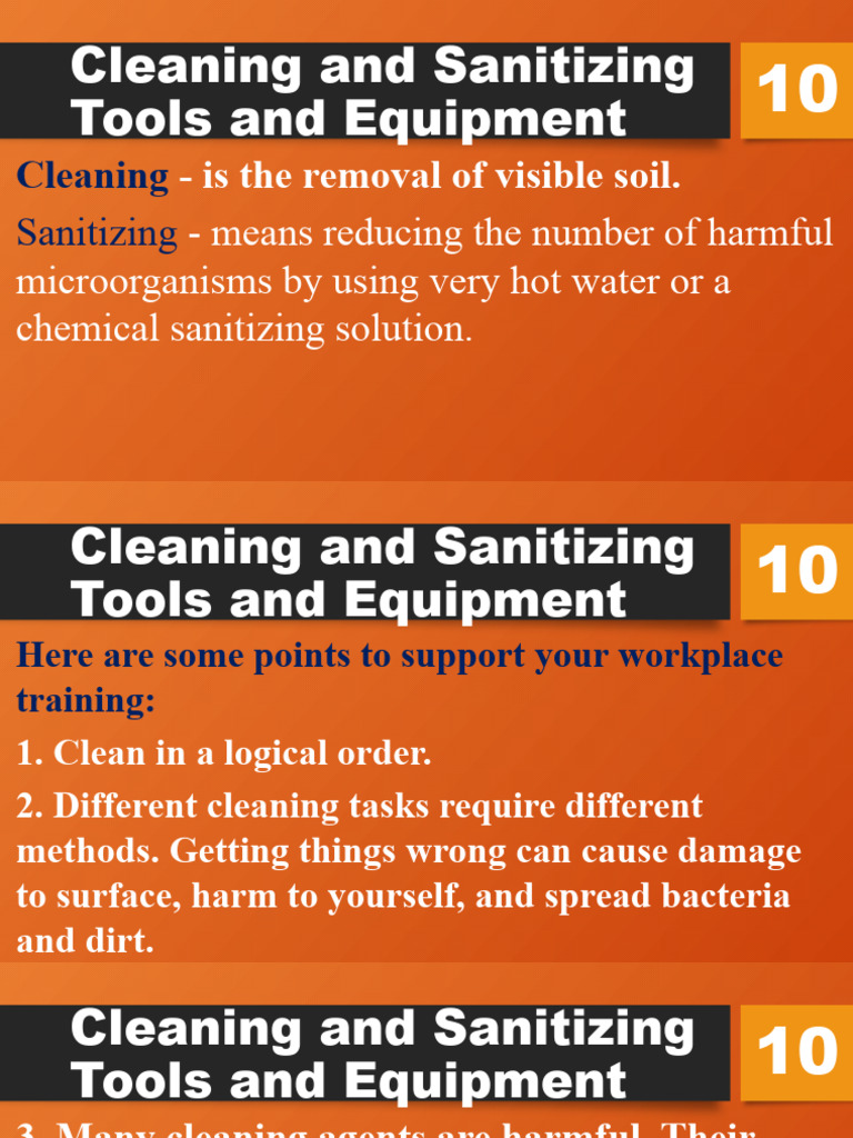Tle 10-PPT4 (Cleaning and Sanitizing Tools and Equipment) | PDF ...