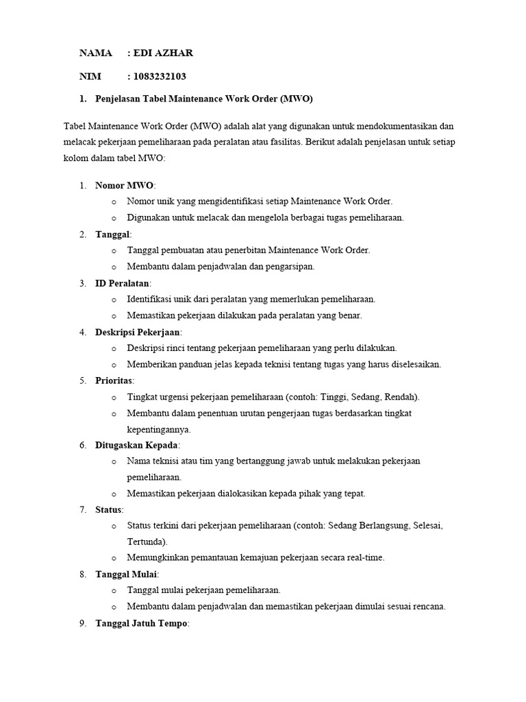 TUGAS TAMBAHAN Penjelasan Tabel Maintenance Work Order | PDF