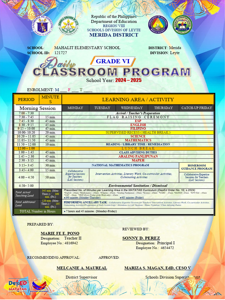 MahalitES Gr6 MATATAG Class Prog NO EPP | PDF | Schools