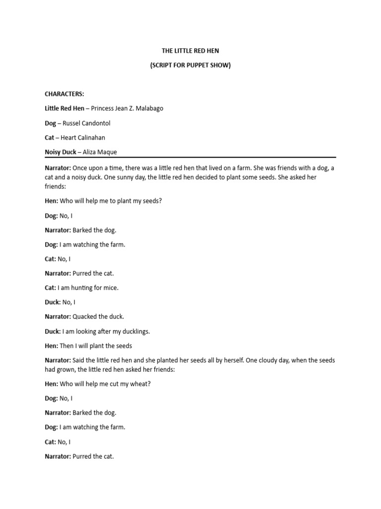 The Little Red Hen Script | PDF | Breads | Waterfowl