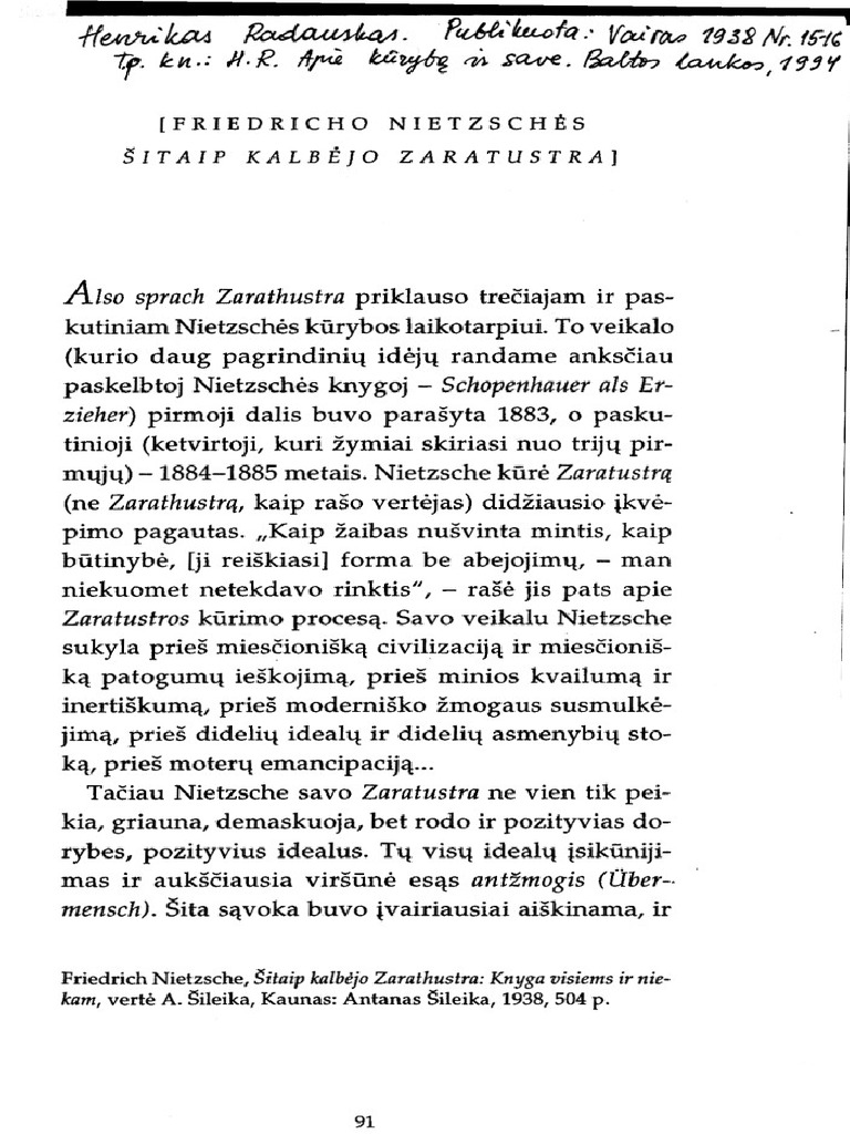 Radauskas F Nietzsches Sitaip Kalbejo Zaratustra | PDF