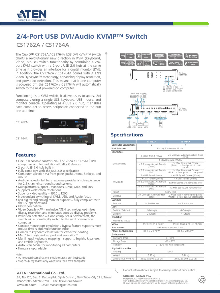 ATEN 2,4-Port USB DVI - Audio KVMP Switch-CS1762A, CS1764A-datasheet-en | PDF | Usb | Computer ...