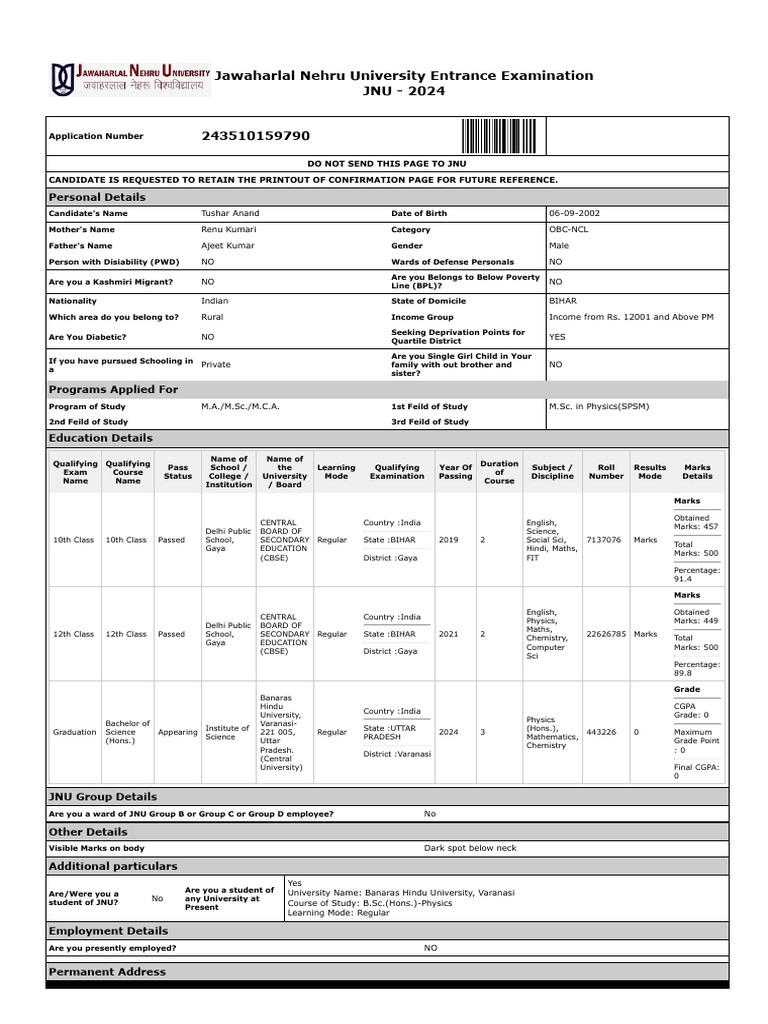 Jnu-2024 - Print Form | PDF