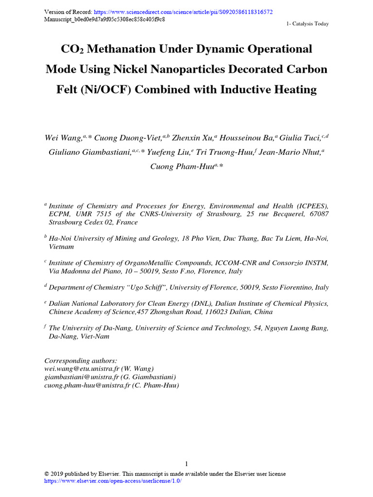 CO2 Methanation Under Dynamic Operational Mode Using Nickel Nanoparticles Decorated Carbon Felt ...