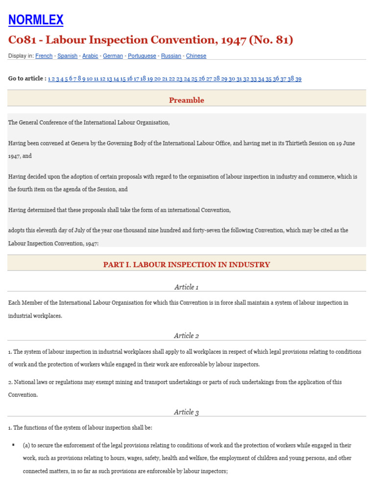 C81 - (Labour Inspection Convention, 1947) | PDF | International Labour Organization | Ratification