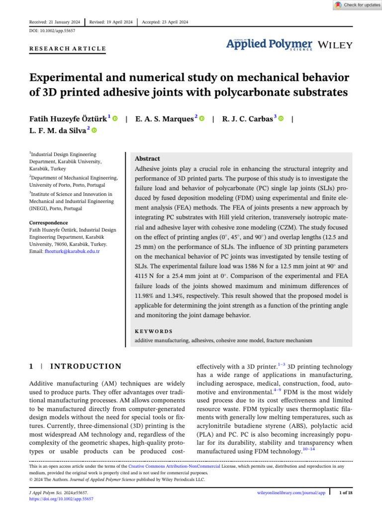 J of Applied Polymer Sci - 2024 - Öztürk - Experimental and Numerical Study On Mechanical ...