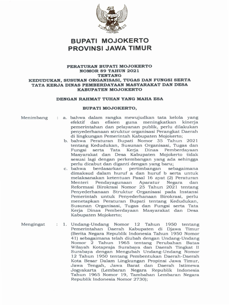 Perbup No 89 2021 SOTK Kab Mojokerto | PDF
