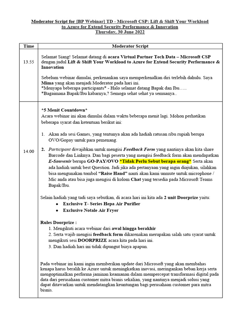 Moderator Script BP Webinar TD - MS CSP - Lift & Shift Your Workload To ...