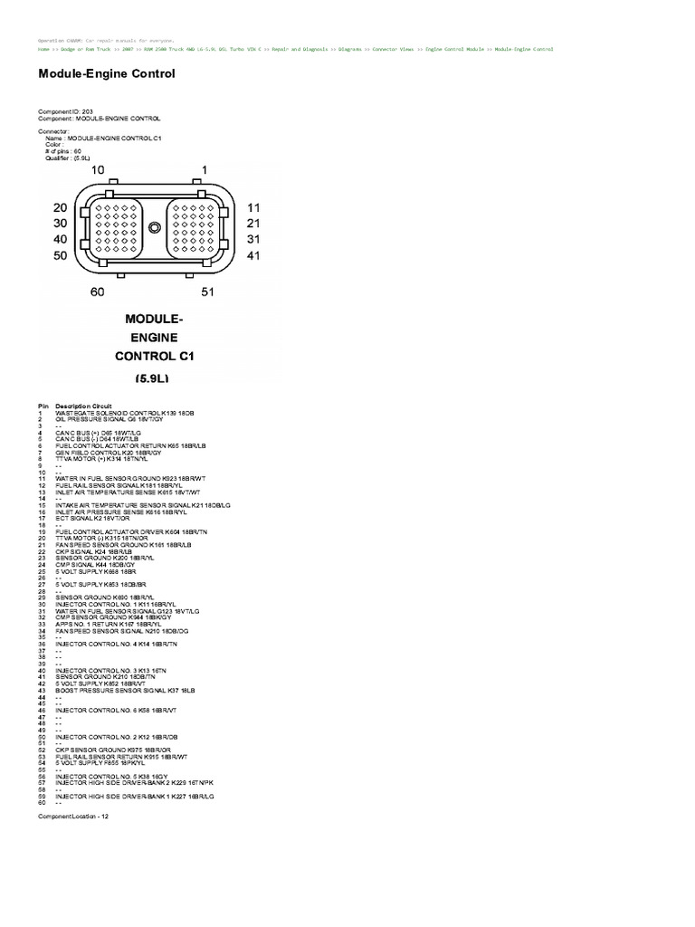 2007 Dodge RAM 2500 4WD 5.9L Diesel ECM Connectors Pinout | PDF
