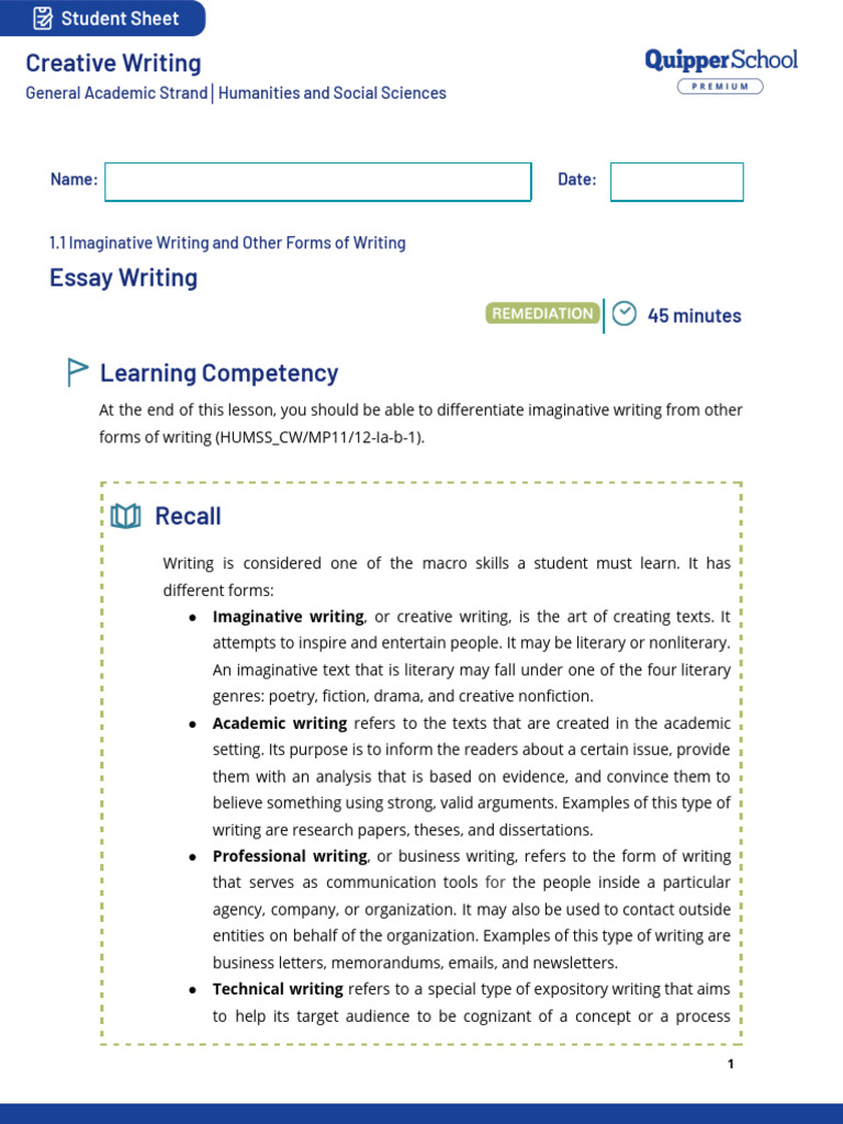 CRW 11_12 Q1 0101M_SS1 Remediation_Imaginative Writing and Other Forms of Writing | PDF ...