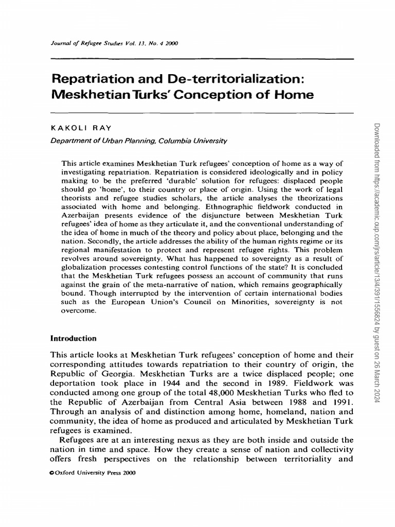 Repatriation and De-Territorialization: Meskhetian Turks' Conception of ...