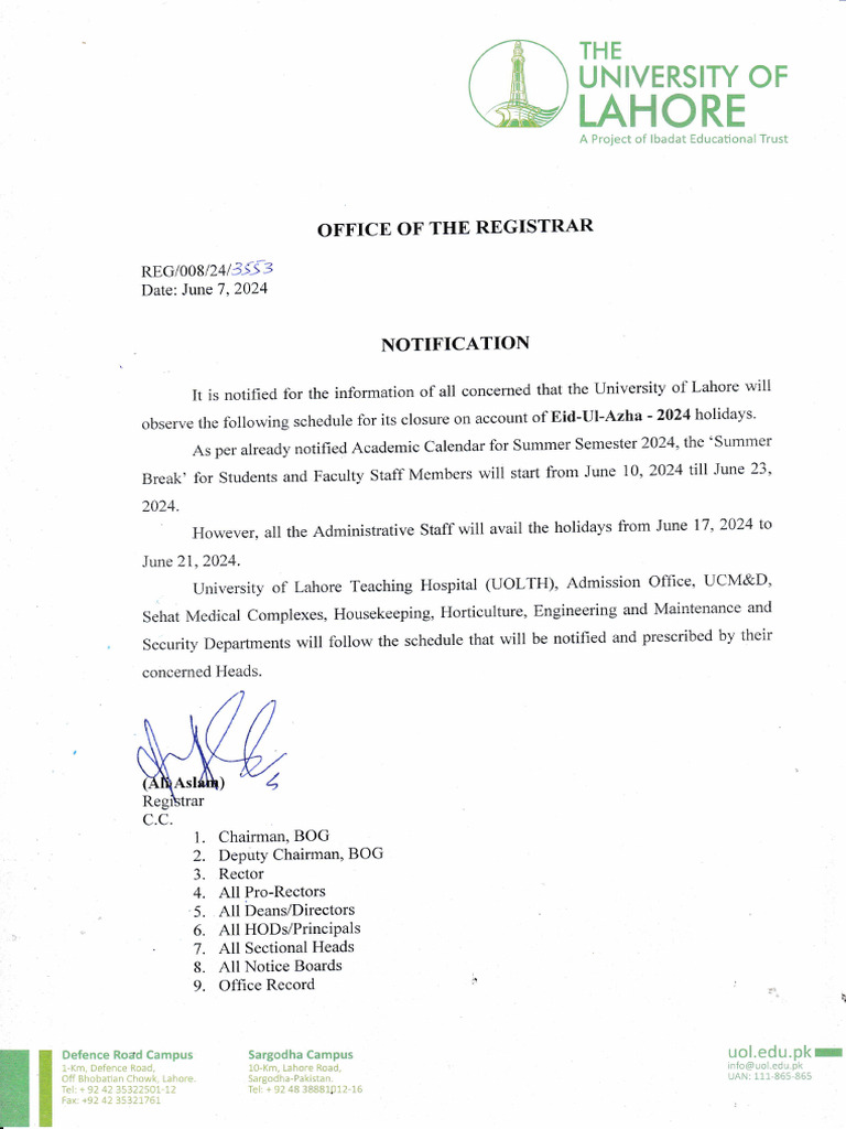 Eid Ul Azha Holidays and Summer Break Notification | PDF