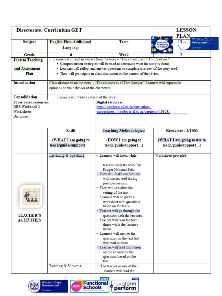 Grade 6 English Lesson Plan: Tom Sawyer | PDF | Lesson Plan