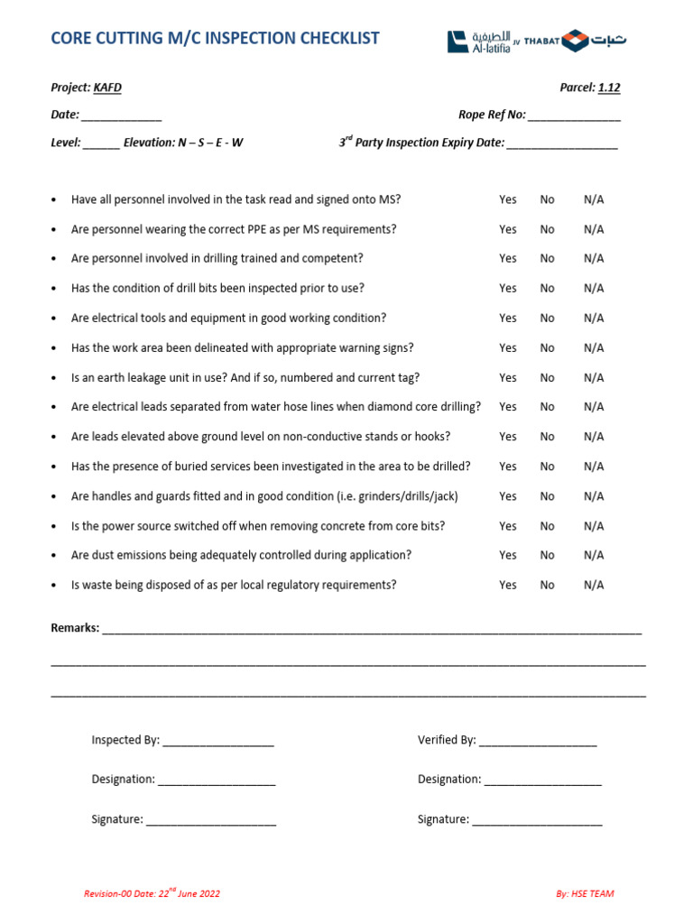 Concrete Drilling - Task Inspection 2 Checklist | PDF