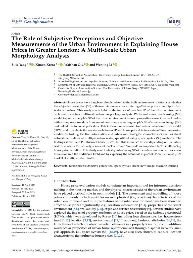 2023 The Role Of Subjective Perceptions And Objective Measurements Of The Urban Environment In