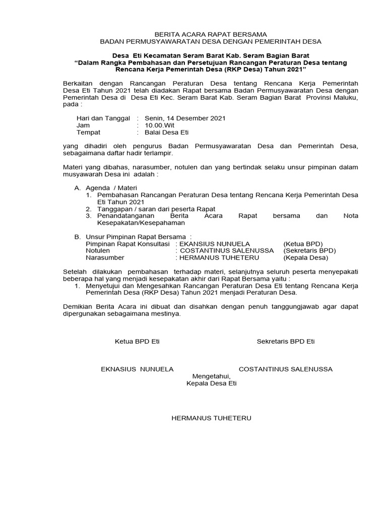 BERITA ACARA, Notulen, DAFTAR HADIR, SK BPD Terkait RAPAT BERSAMA KADES Dan BPD TTG PENETAPAN ...