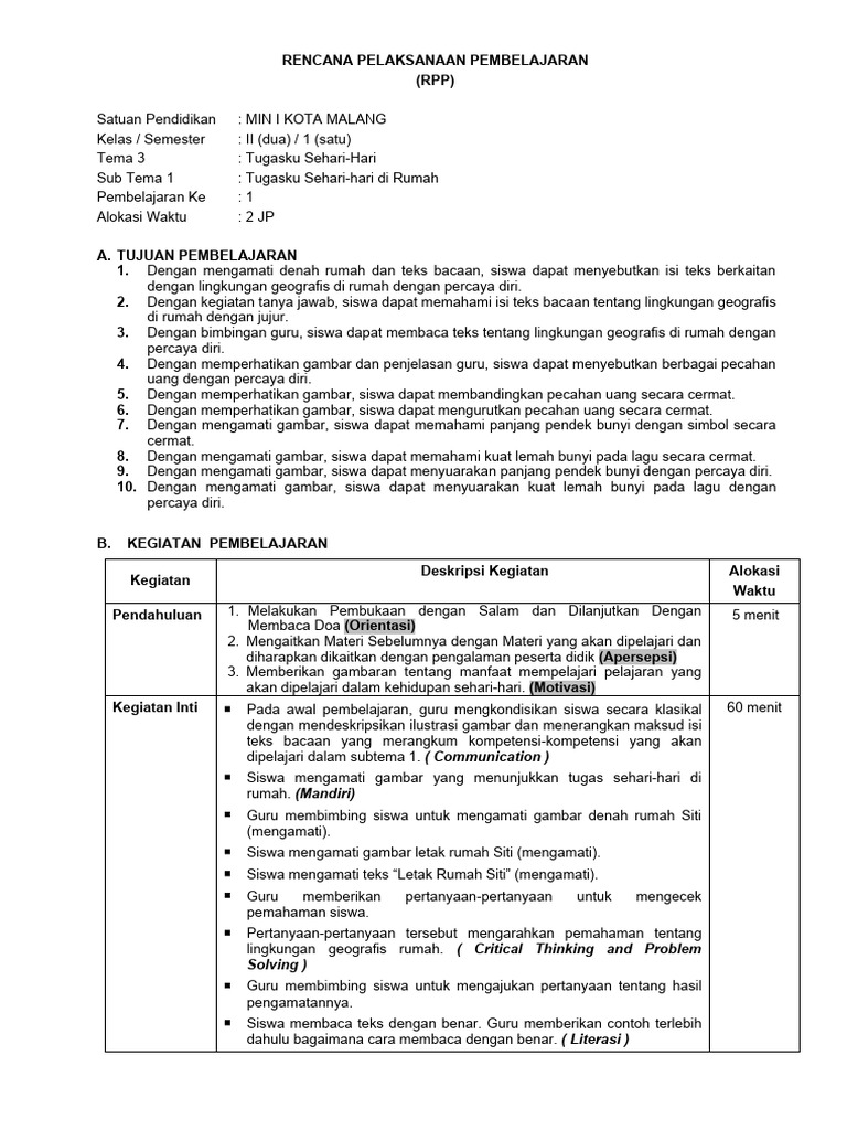 RPP - Tematik - Kelas 2 - Tema 3 ST 1-4 | PDF