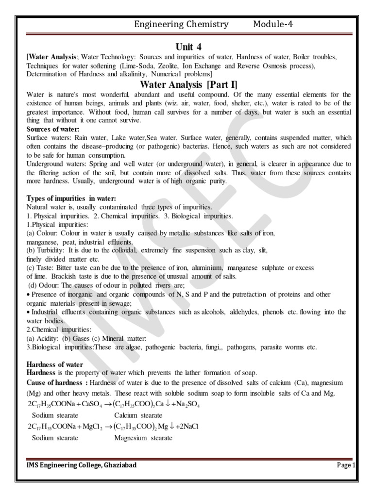 2024 Unit 4 - Water Analysis Part -I | PDF | Ion Exchange | Alkalinity