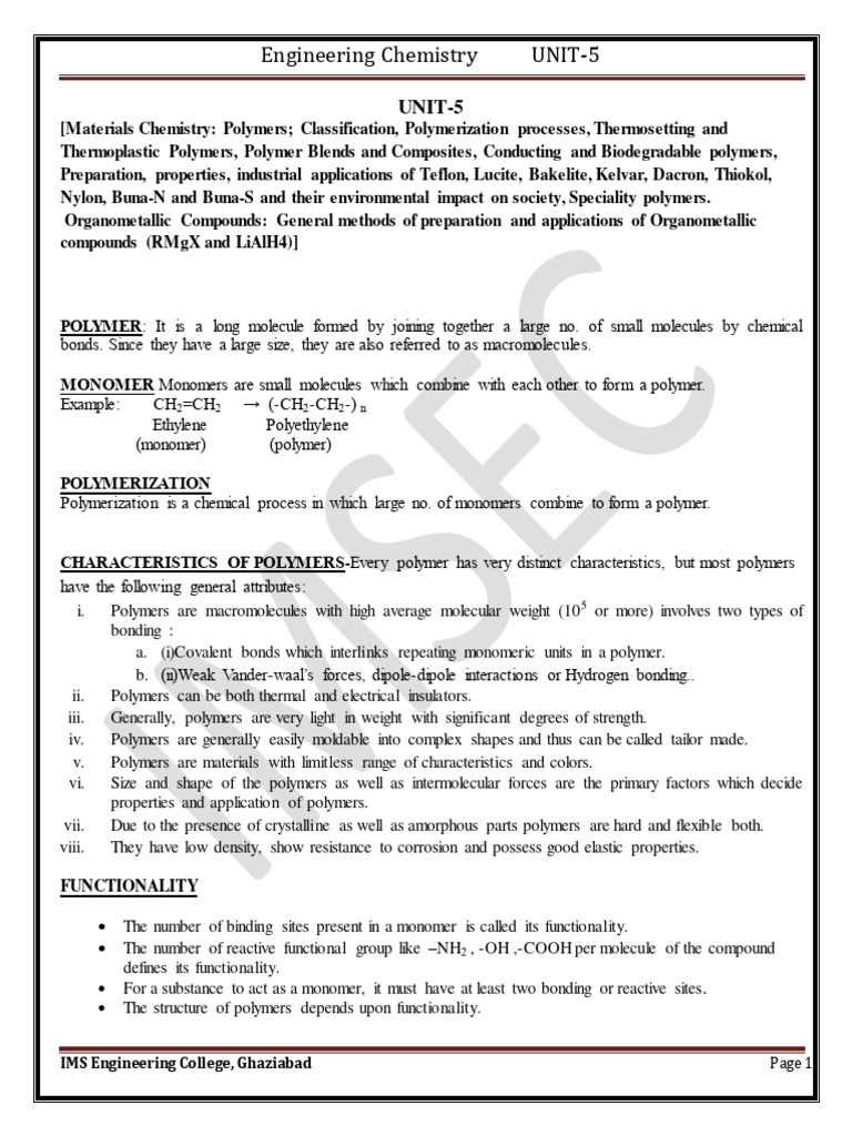 Unit 5 Polymer and Organometallic Compounds-1 | PDF | Polymers | Composite Material