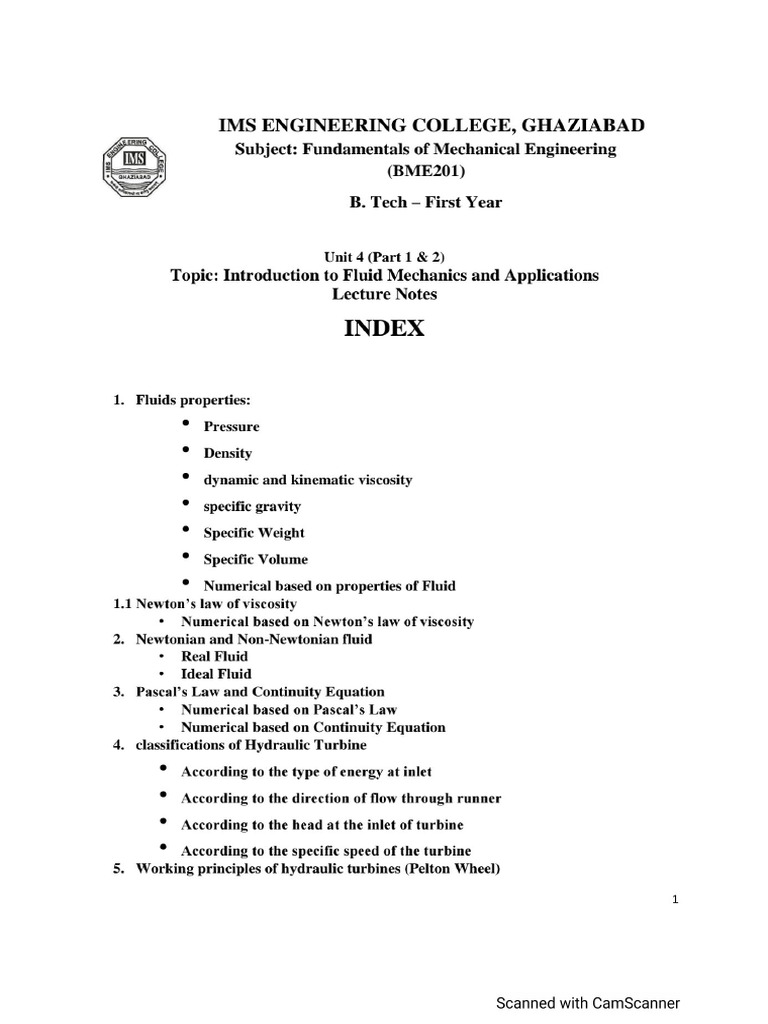 Lecture Note of BME 201 Unit IV (Introduction To Fluid Mechanics and Its Application) | PDF