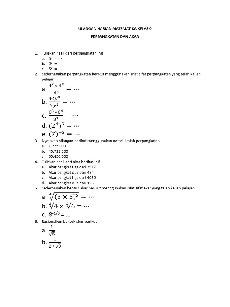 Ulangan Harian 1 Matematika Kelas 9 | PDF