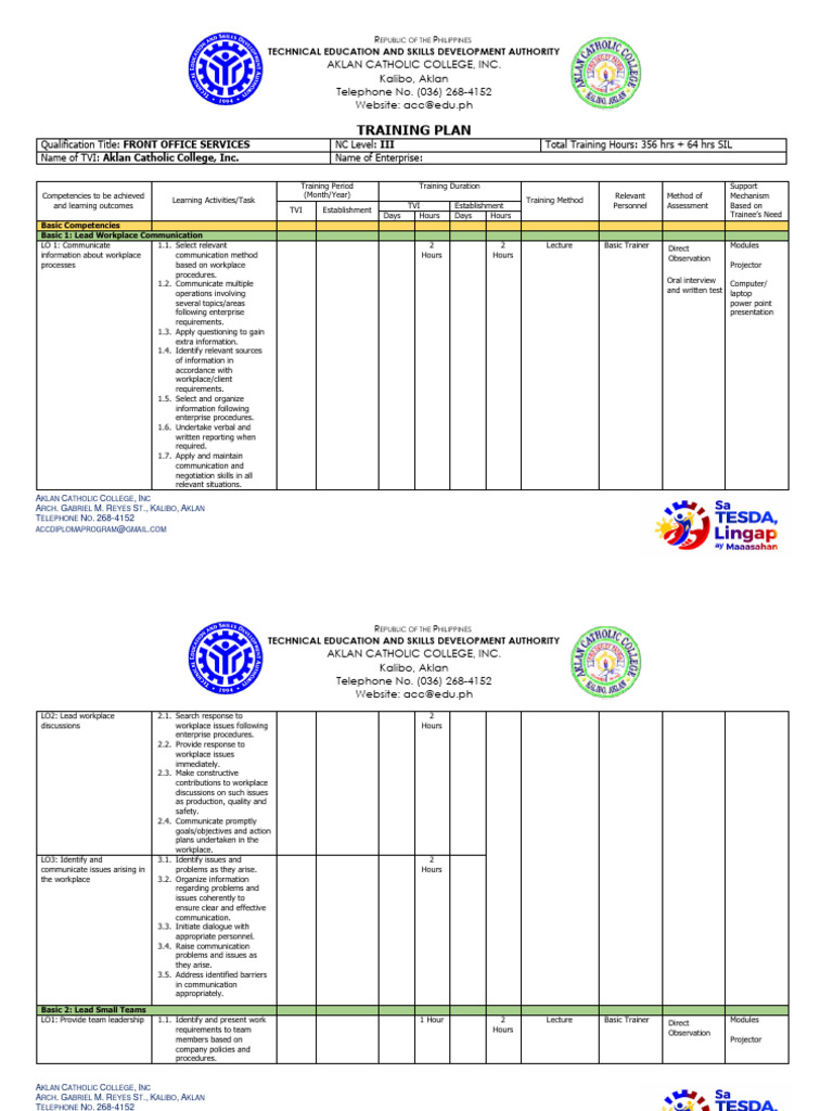 Training Plan FOS NC III | PDF | Occupational Safety And Health ...