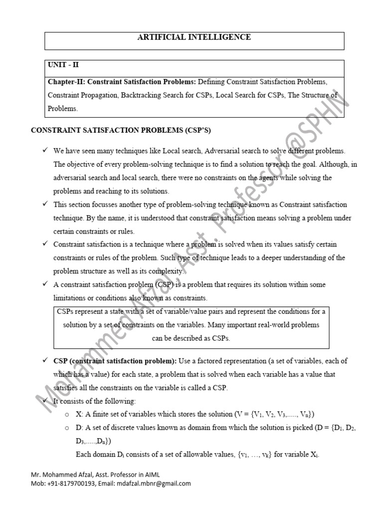 AI Unit-II Chapter-II Constraint Satisfaction Problems | PDF | Applied Mathematics | Theoretical ...