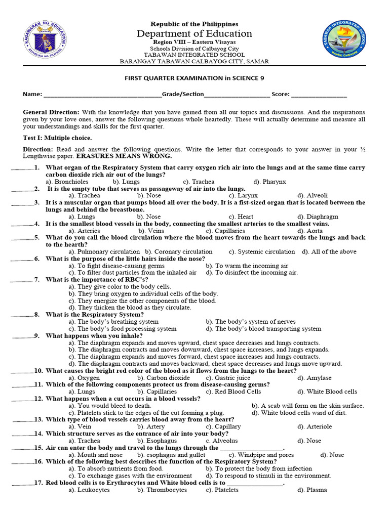 (1st) QUARTER EXAMINATION | PDF | Lung | Genotype