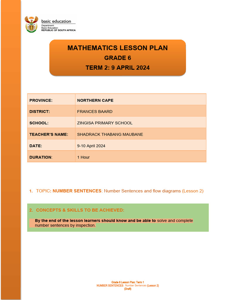 Grade 6 Number Sentences Lesson Plan | PDF | Learning | Lesson Plan