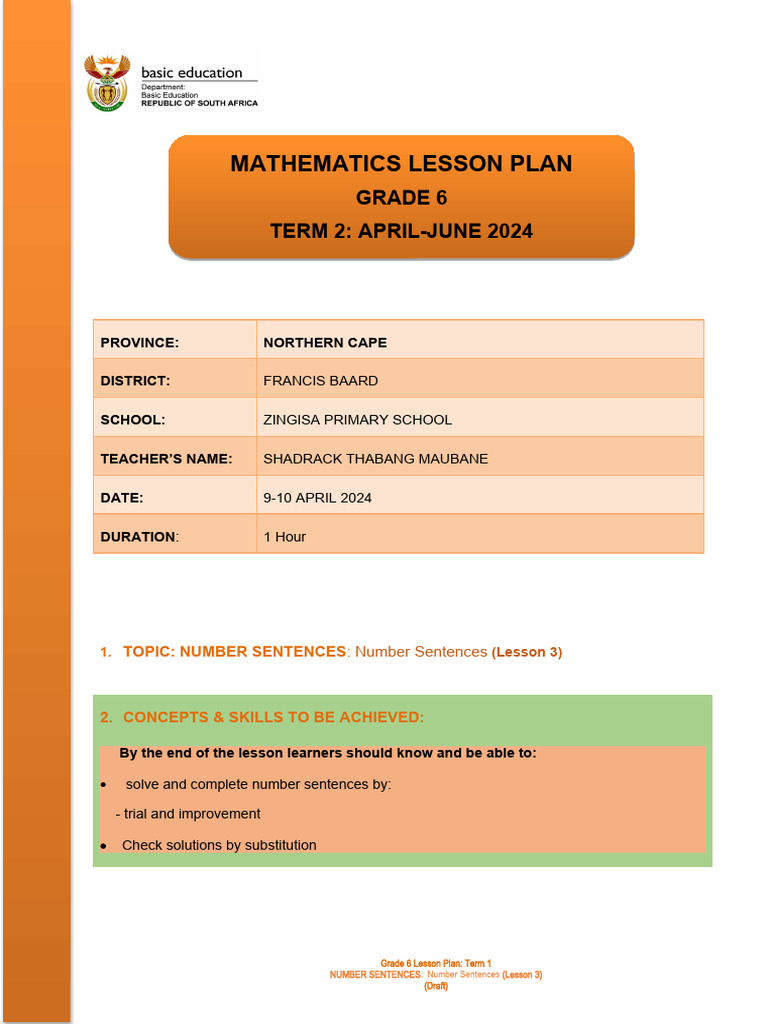 Grade 6 Term 2 NUMBER SENTENCES Lesson 3 | PDF | Lesson Plan | Pedagogy