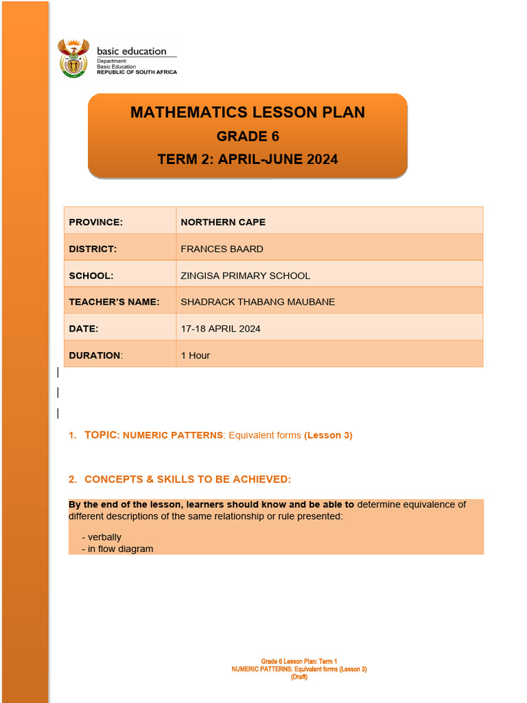Grade 6 Term 2 NUMERIC PATTERNS Lesson 3 | PDF | Learning | Lesson Plan