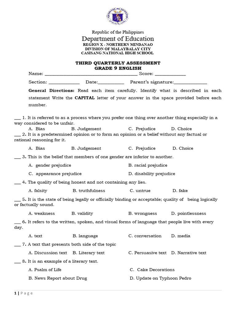 G9 - ENGLISH Q3 Exam | PDF | Beowulf