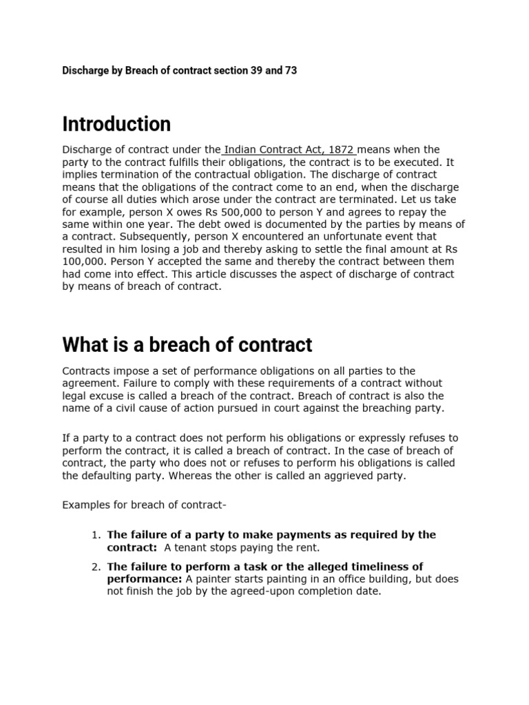 Discharge by Breach of Contract | PDF | Breach Of Contract | Damages