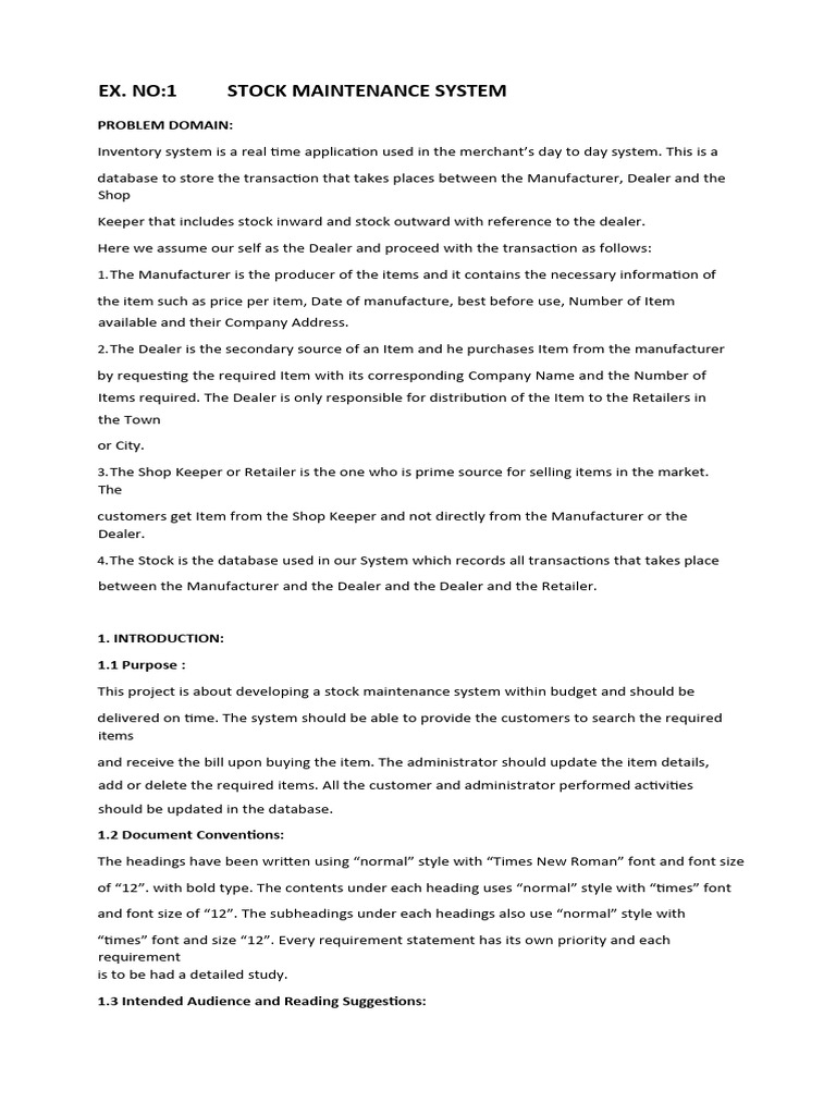 EX. NO:1 Stock Maintenance System: Problem Domain | PDF | Use Case | Databases