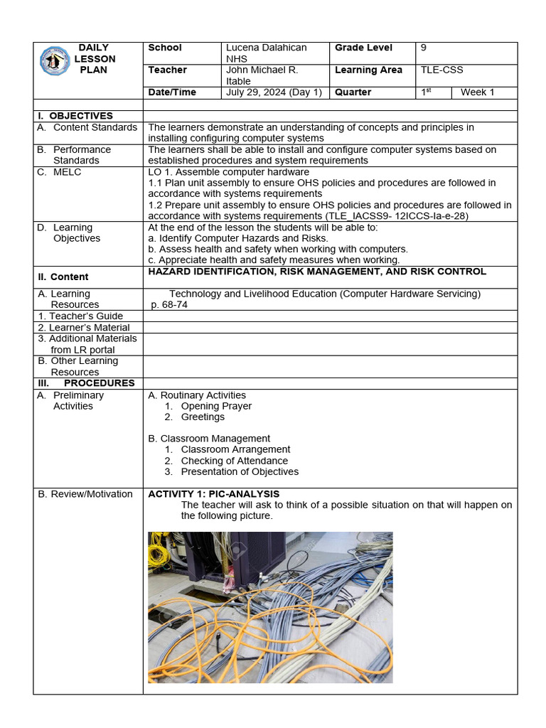 DLP-TLE-CSS9-July 29 Week 1 Day 1 | PDF | Occupational Safety And Health | Risk