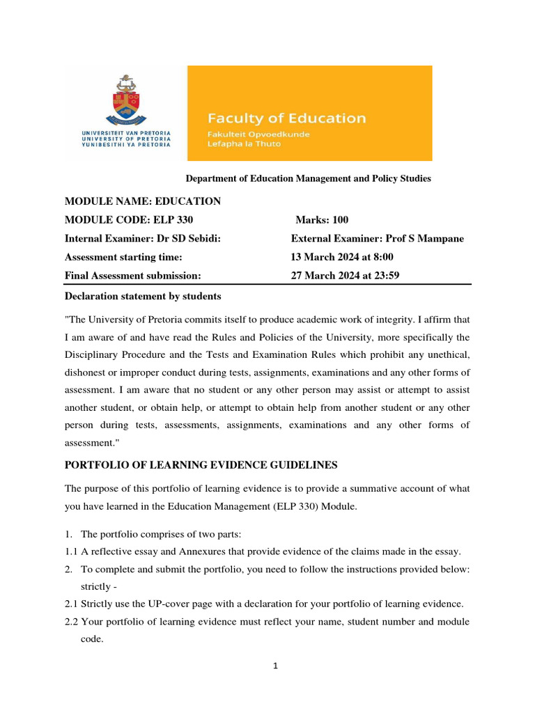 Portfolio of Learning Evidence ELP 330 A 2024 | PDF | Experience ...