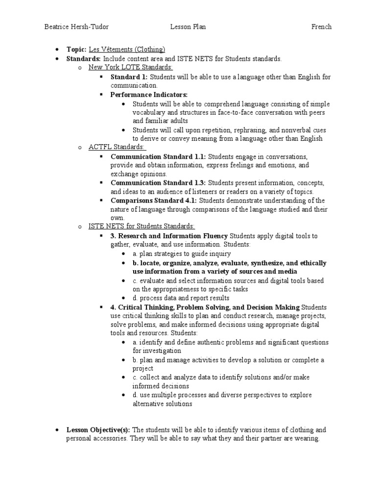 French Clothing Lesson Plan | PDF | Critical Thinking | Communication