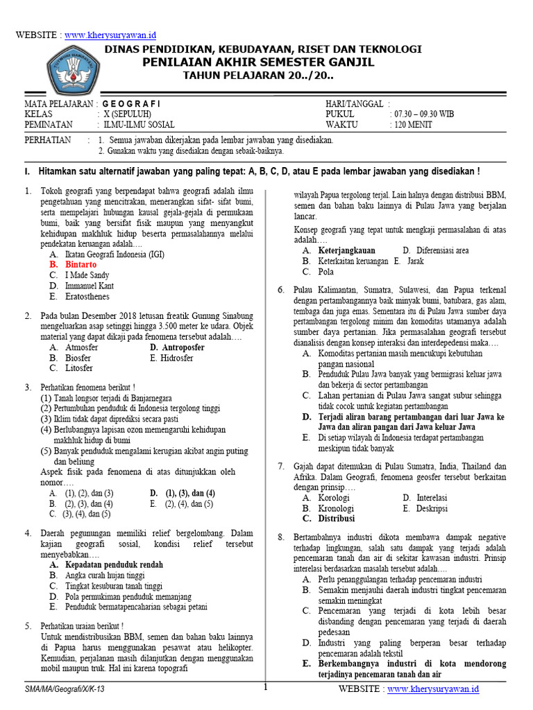 Soal & Jawaban Pas Geografi Kelas X k13 - Website WWW - Kherysuryawan.id | PDF