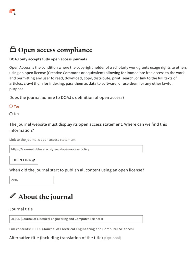 Application Form - DOAJ | PDF | Open Access | Creative Commons License