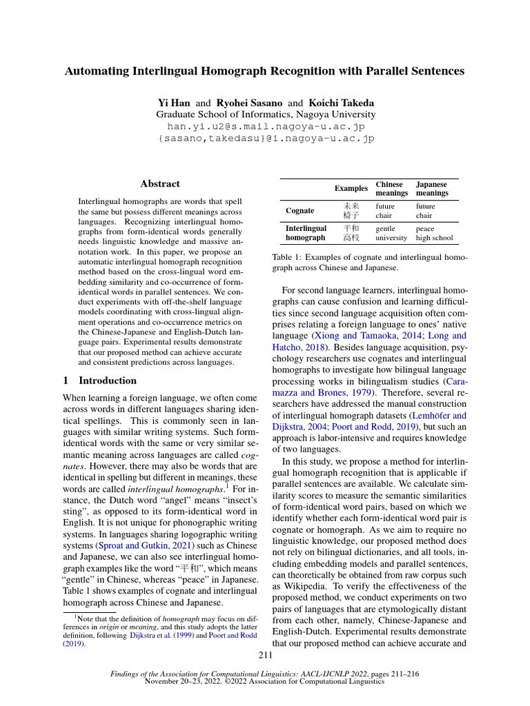 Automating Interlingual Homograph Recognition | PDF | Multilingualism ...
